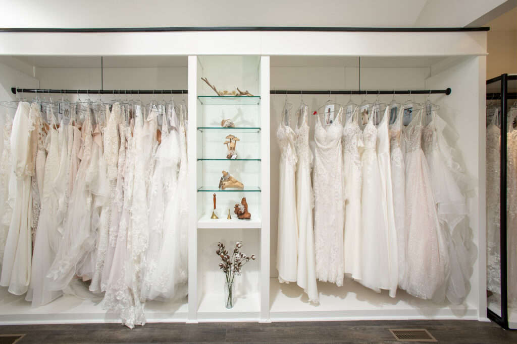 White Modern Dress Rack with Accessory Shelving and LED - Bridal Displays